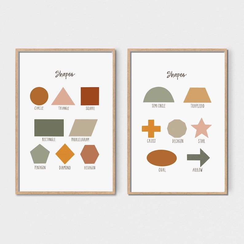 Boho Shapes Learning Print Set or 2, Geometric Kids Wall Art, Playroom ...