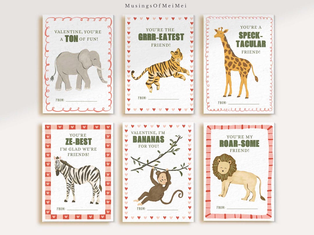 Jungle Animal Valentine's Day Card, Classroom Valentine Exchange Cards ...