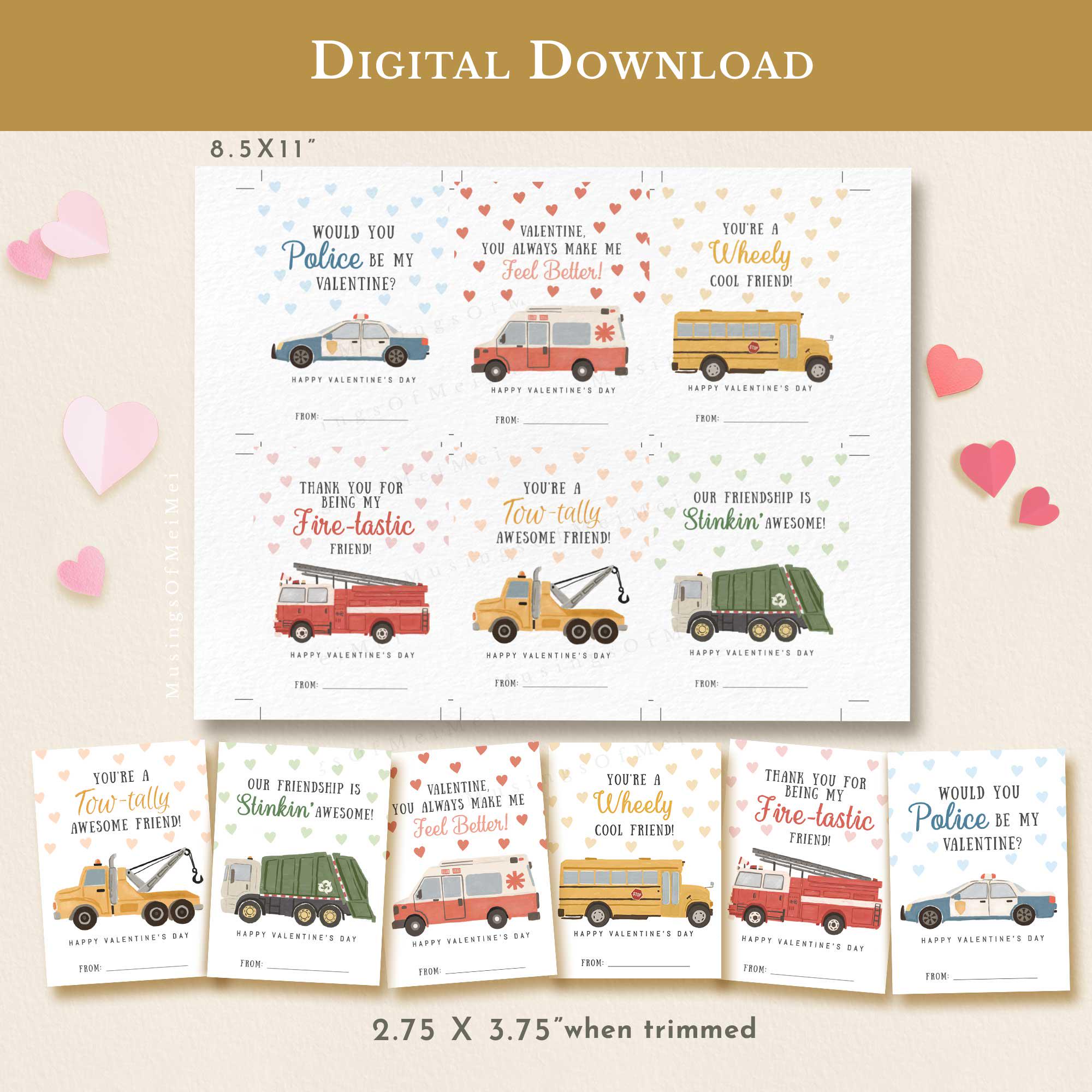 Vehicle Valentine Day Cards for Kids, Printable Trucks and Cars ...