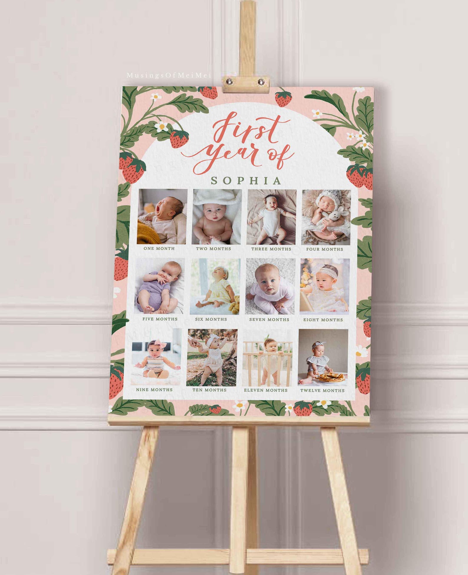 First Year Photo Board Strawberry Birthday Sign, Editable Photo Collage ...
