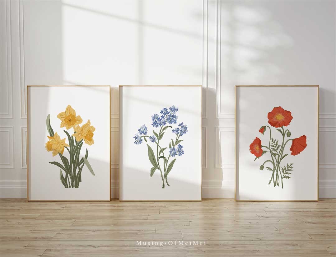 Spring Flower Prints, Set of 4, Printable Wall Art, Farmhouse Decor ...