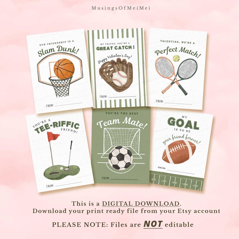 Sports Valentine Cards for Kids, Printable Football Soccer Golf Tennis ...