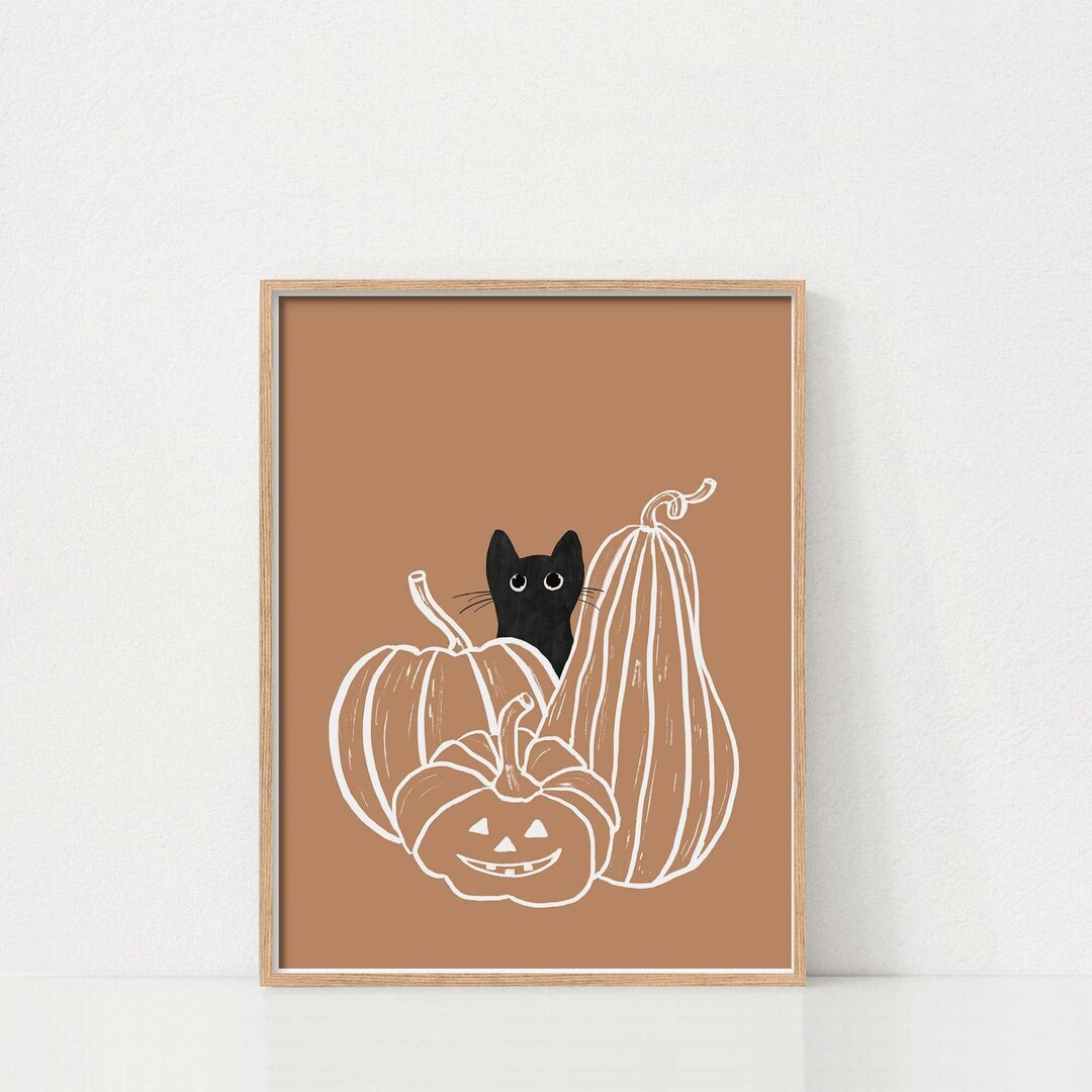 Halloween Cat and Pumpkin Art, Halloween Wall Art, Halloween Poster ...
