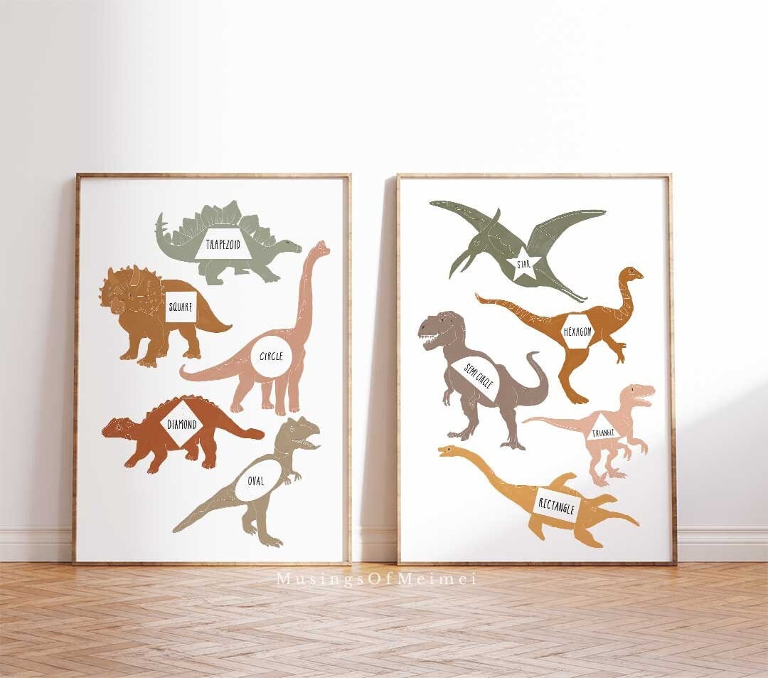Dinosaur Shapes Learning Wall Art Set, Educational Kids Room Print ...