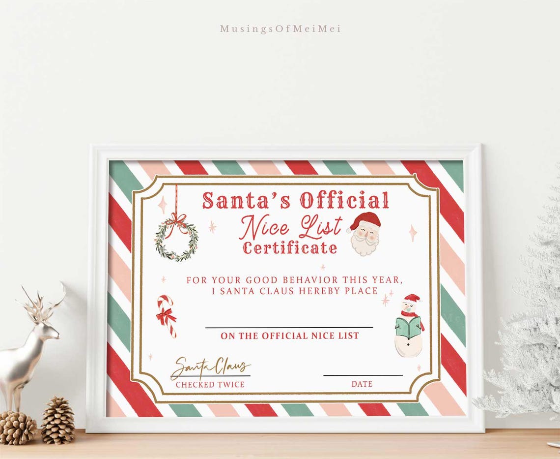 Santa's Official Nice List Certificate Printable, Christmas Reward ...
