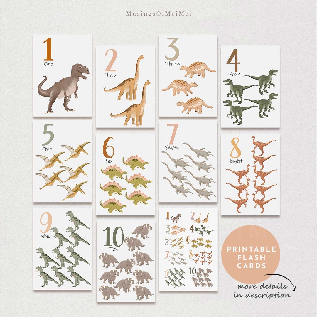 Printable Flash Cards, Numbers Flash Cards, Dinosaur Nursery Art ...