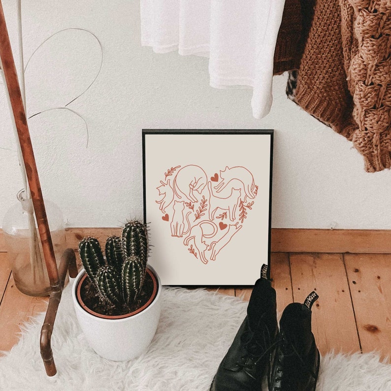 Cat Lover Art Print, Hearts of Cats, Printable Wall Art, Valentines Cat ...