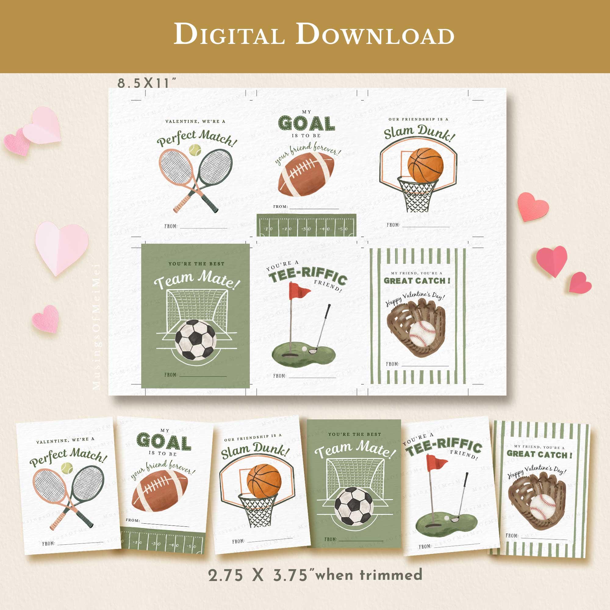Sports Valentine Cards for Kids, Printable Football Soccer Golf Tennis ...