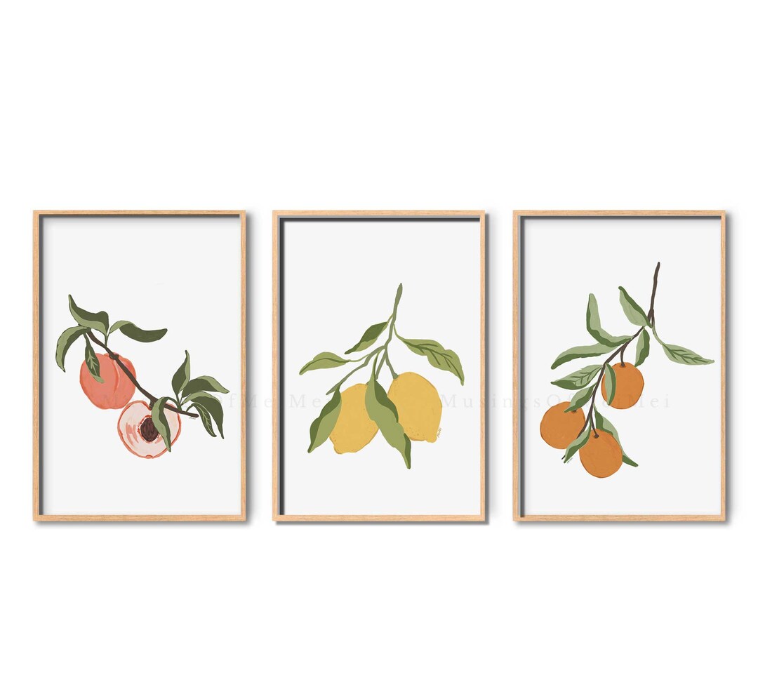 Rustic Citrus & Peach Print Set for Farmhouse Kitchen Decor, Botanical ...