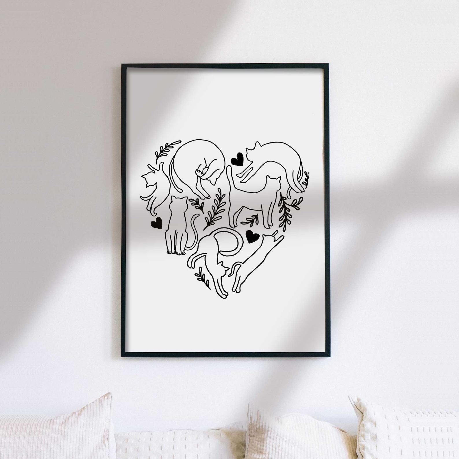 Cat Heart Print, Hearts of Cats Poster, Black and White Printable Wall ...
