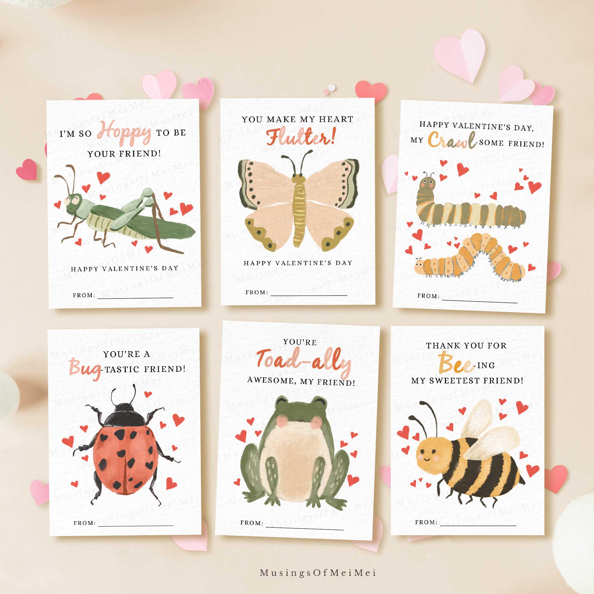 Love Bug Valentine Cards for Kids Classroom, Printable Insect ...