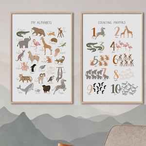 Animal Alphabet and Numbers Posters, Set of 2, Printable Wall Art, Boho ...