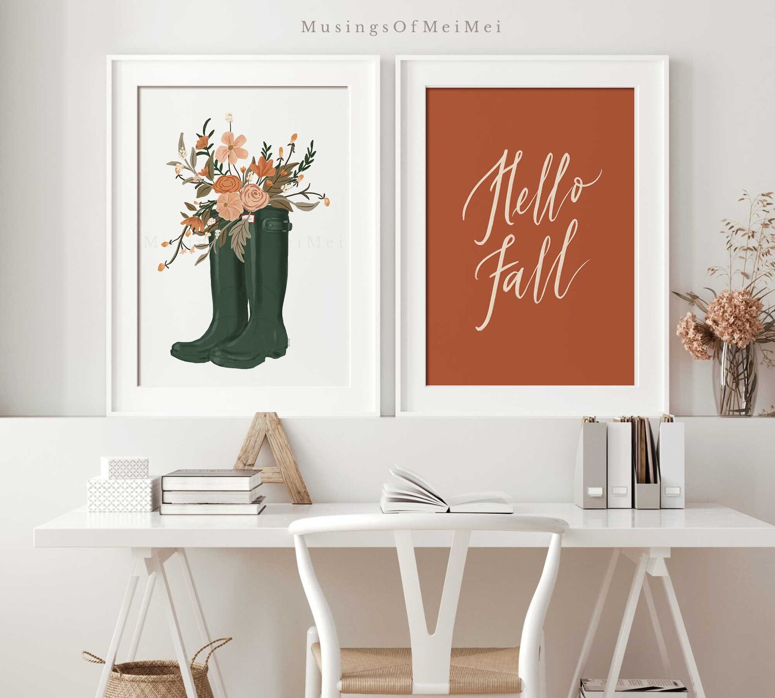 Fall Printable Decor, Wellies Boot Print, Fall Botanical Print ...