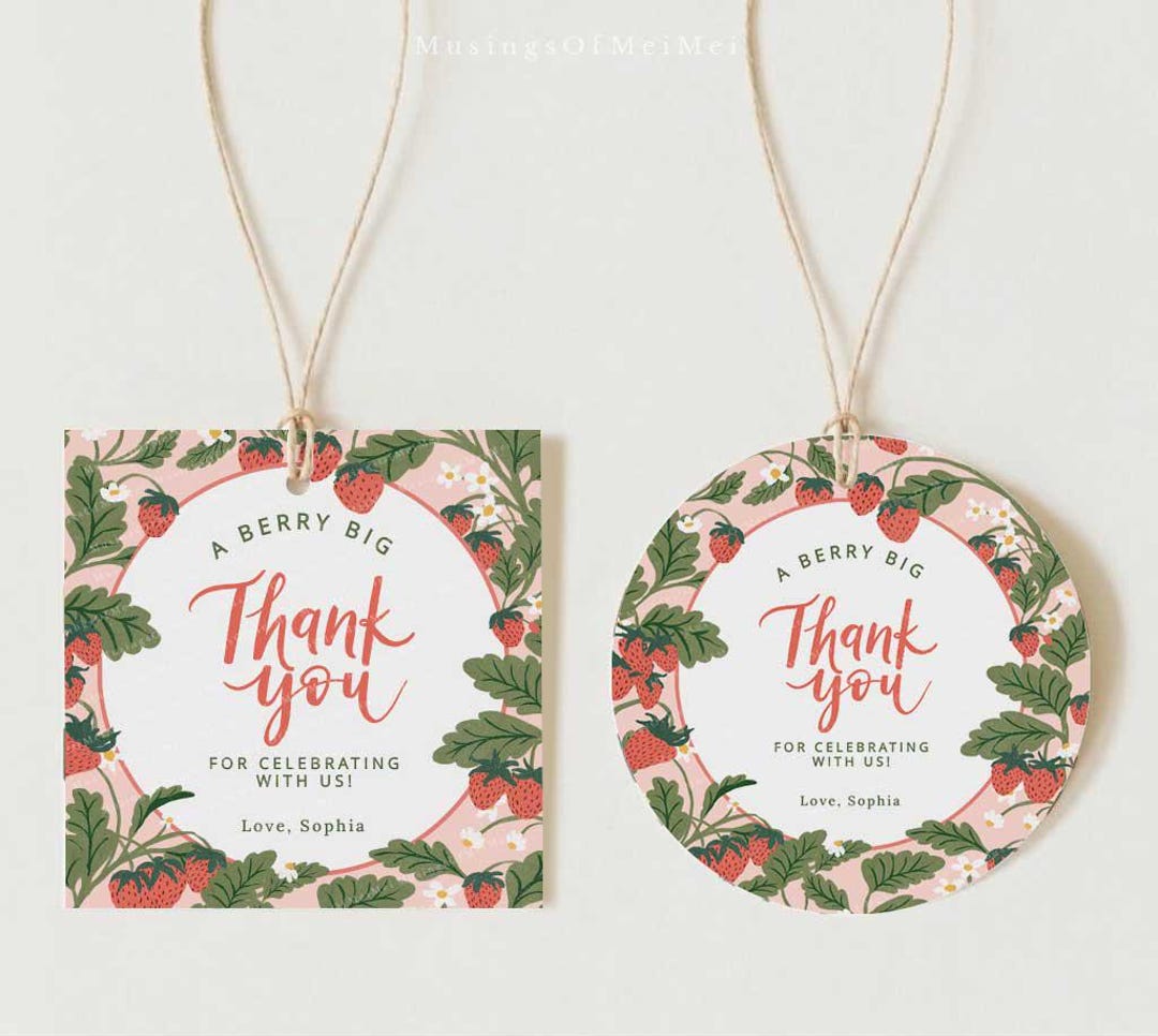 Strawberry Favor Tag, Printable Round Strawberry Gift Tags, Berry First ...