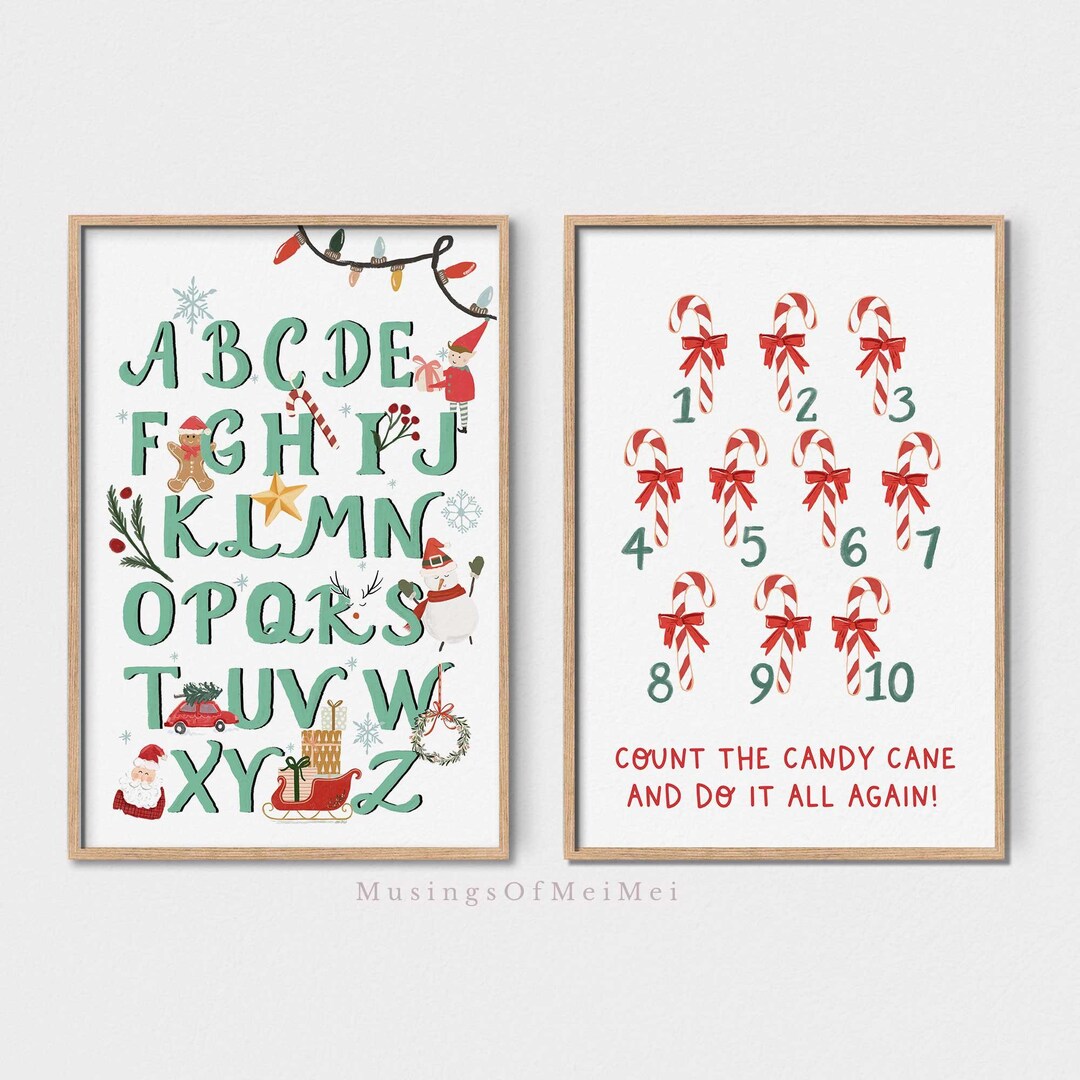 Christmas Alphabet and Counting Wall Art Set, Holiday Learning Prints ...