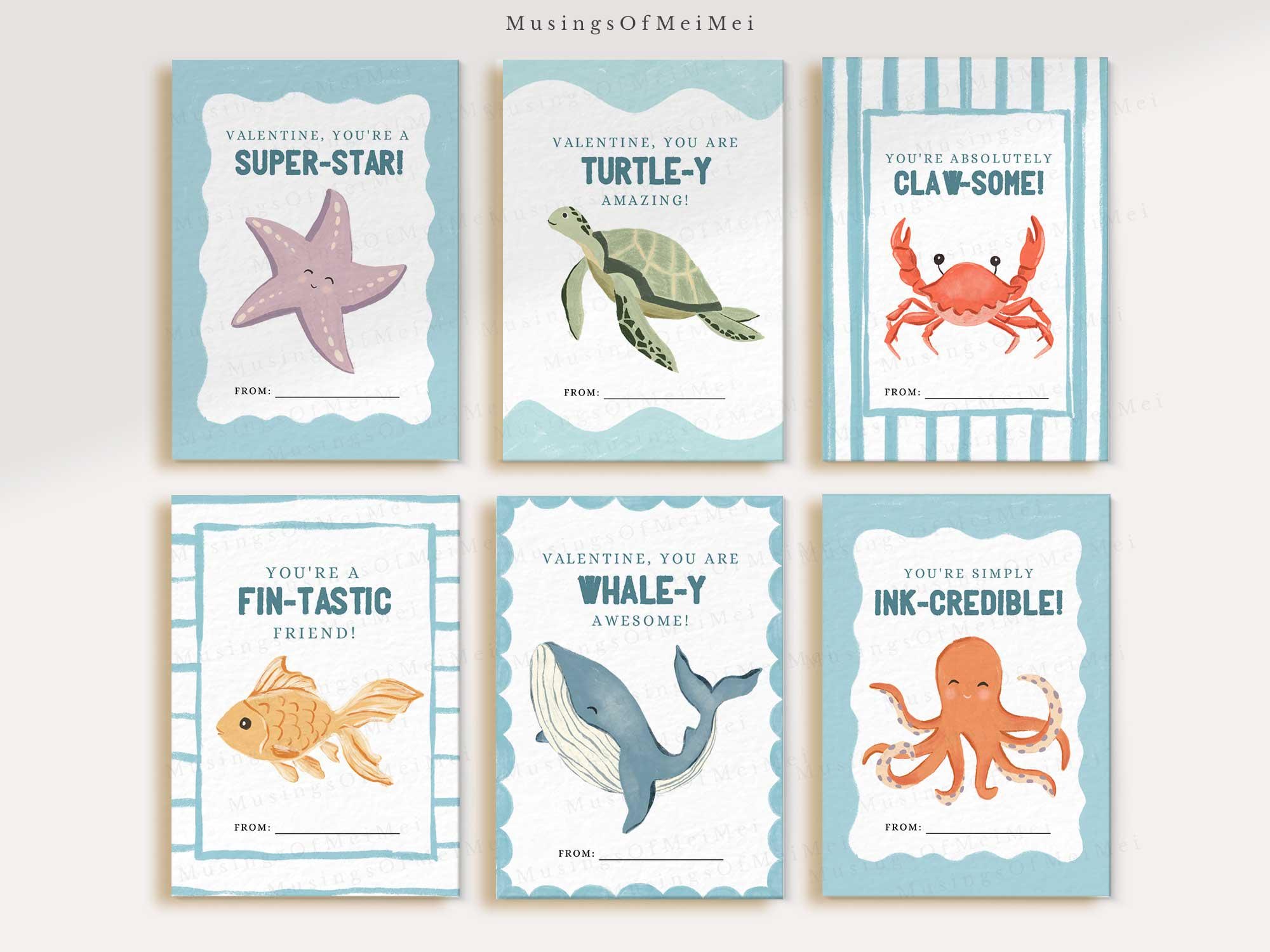 Under the Sea Kids Classroom Valentine Cards, Printable Sea Animals ...