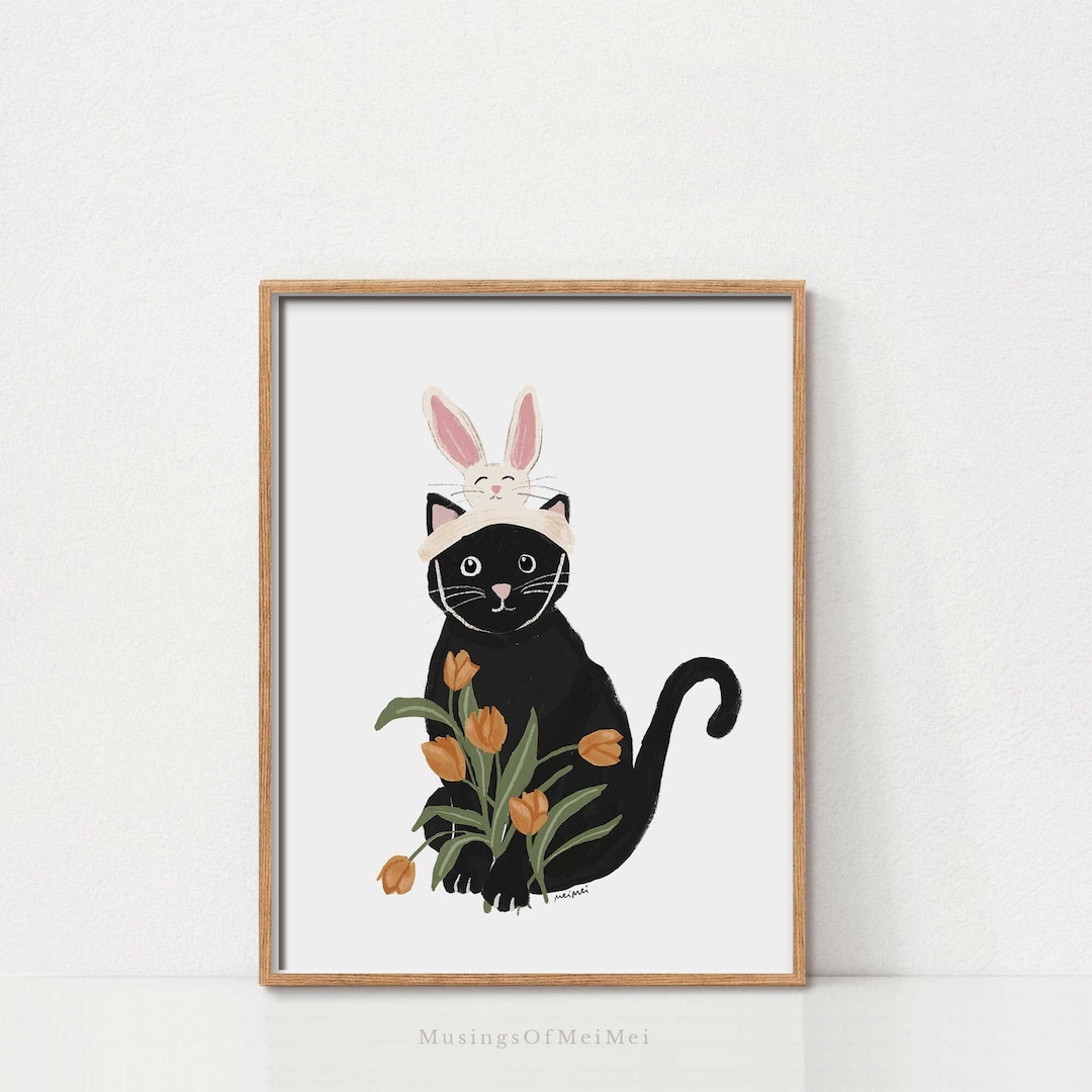 Easter Cat Decor, Printable Wall Art, Black Cat Print, Cute Cat Poster ...