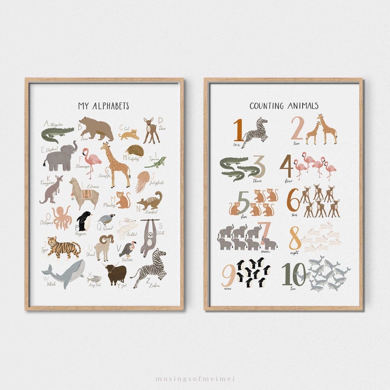 Animal Alphabet and Numbers Posters, Set of 2, Printable Wall Art, Boho ...