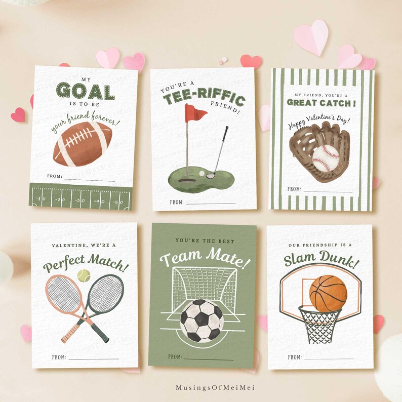 Sports Valentine Cards for Kids, Printable Football Soccer Golf Tennis ...