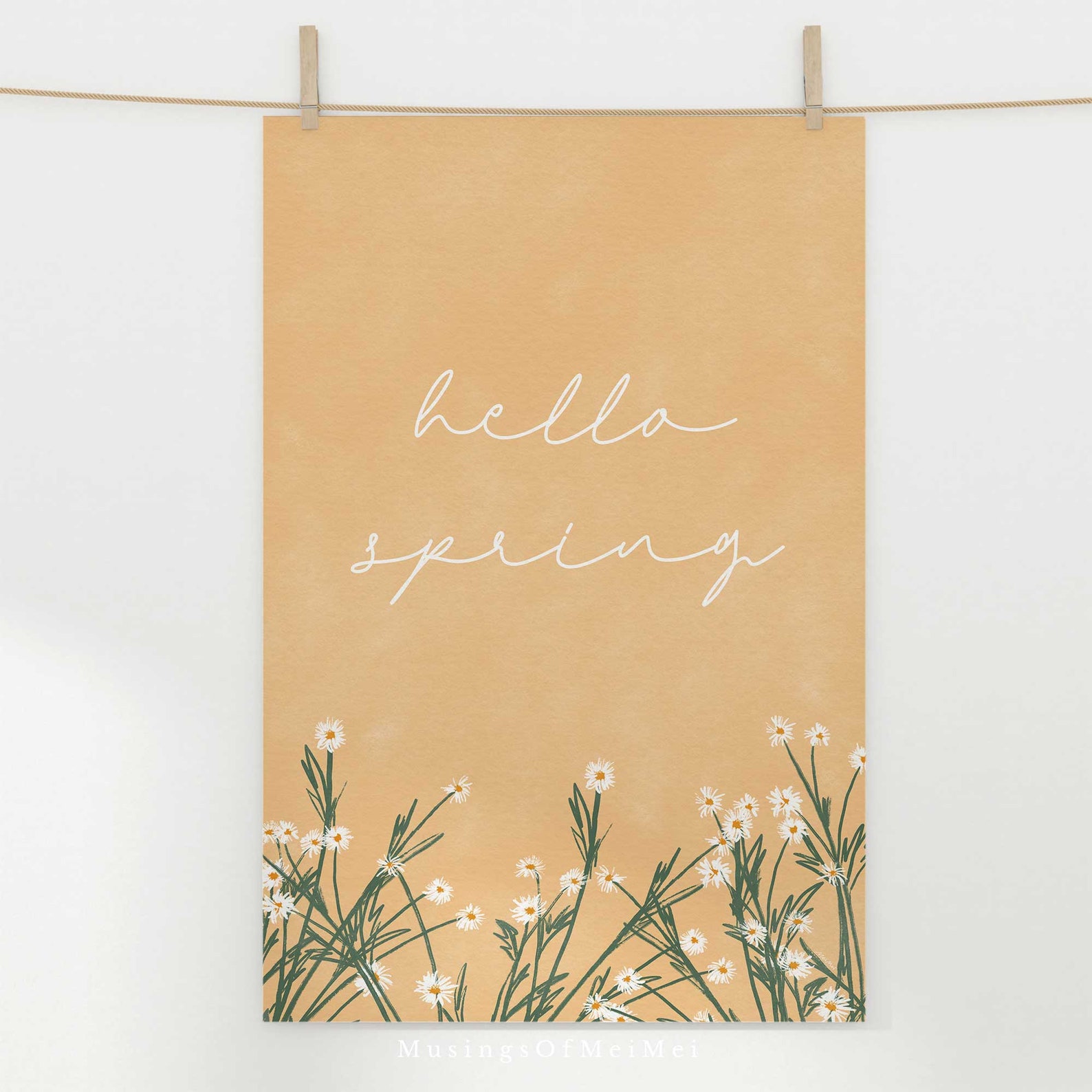Hello Spring Wall Art, Printable Wall Art, Floral Art, Daisy Print ...