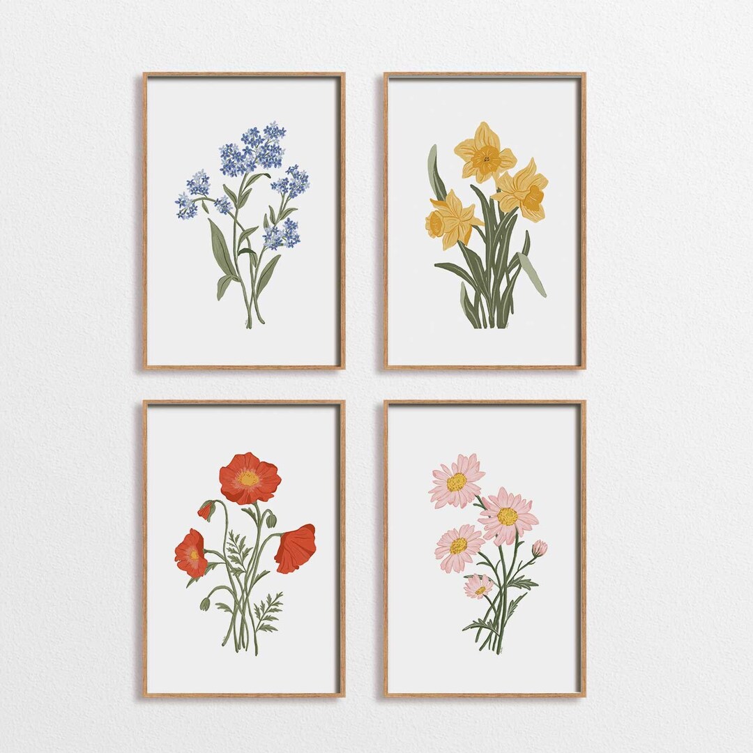 Spring Flower Prints, Set of 4, Printable Wall Art, Farmhouse Decor ...