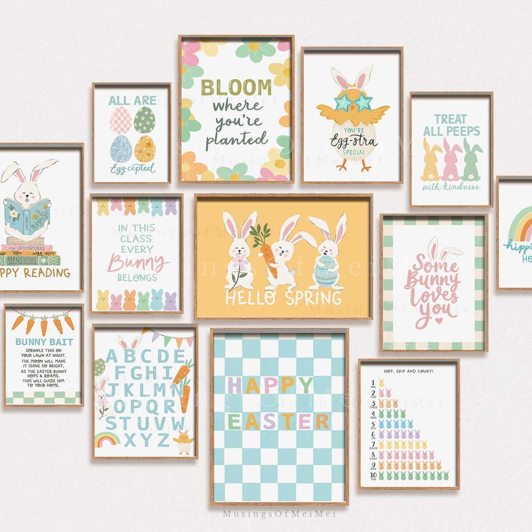 Easter Classroom Wall Art Set, Spring Bunny Printable Decor, Pastel ...
