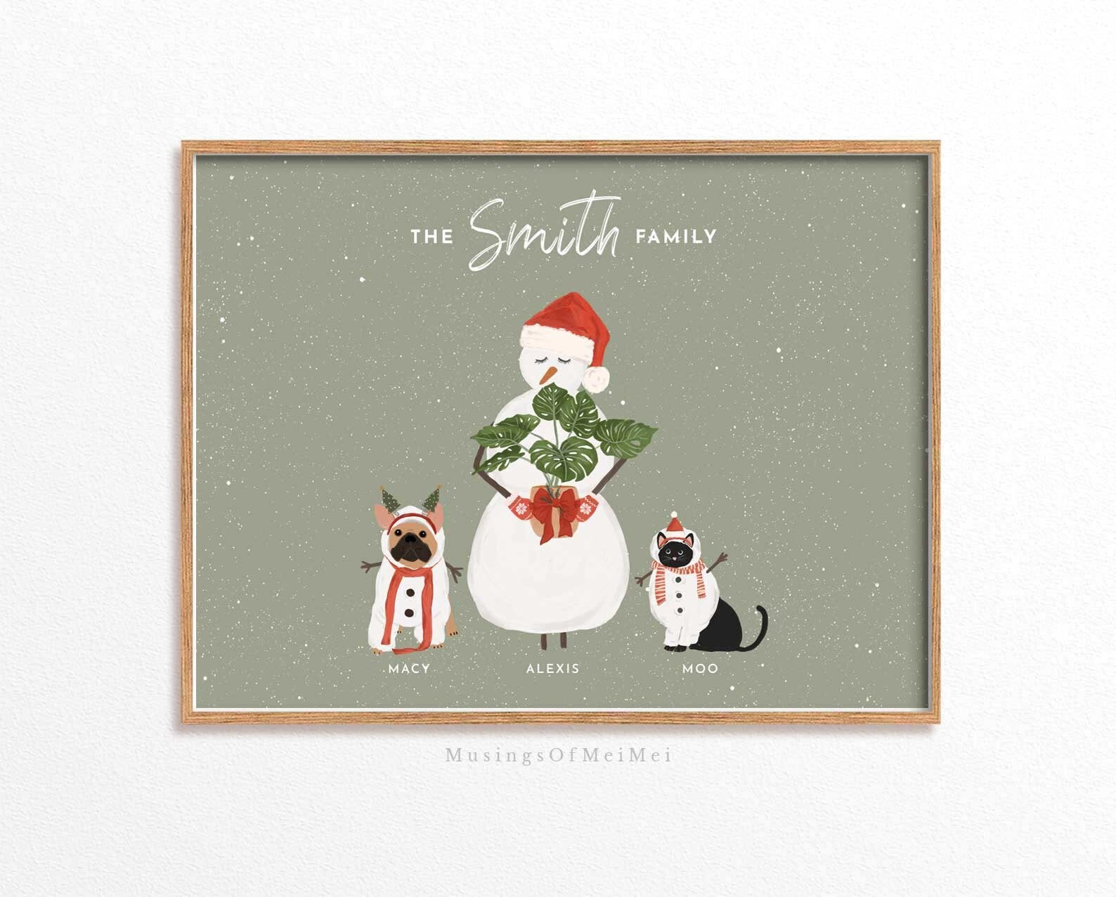 Custom Family Portrait, Sage Color, Personalized Christmas Family Print ...