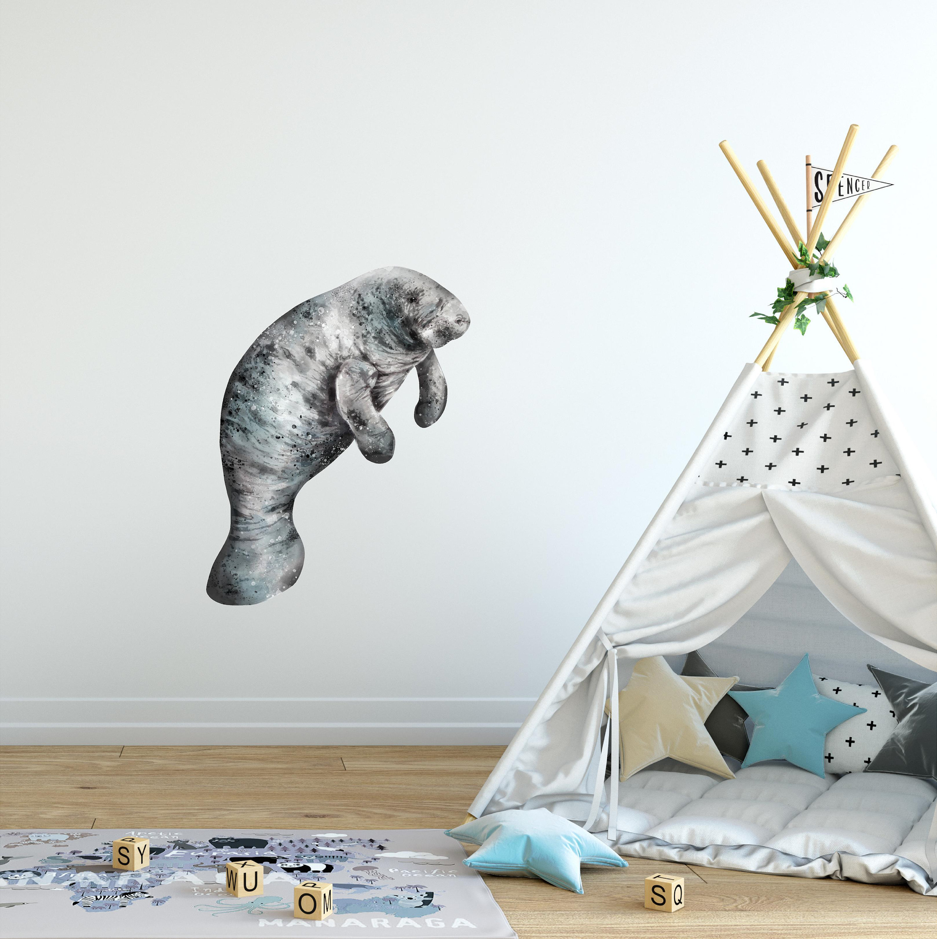 Watercolor Manatee Wall Decal Florida Manatee Sea Cow Ocean Sea Life ...