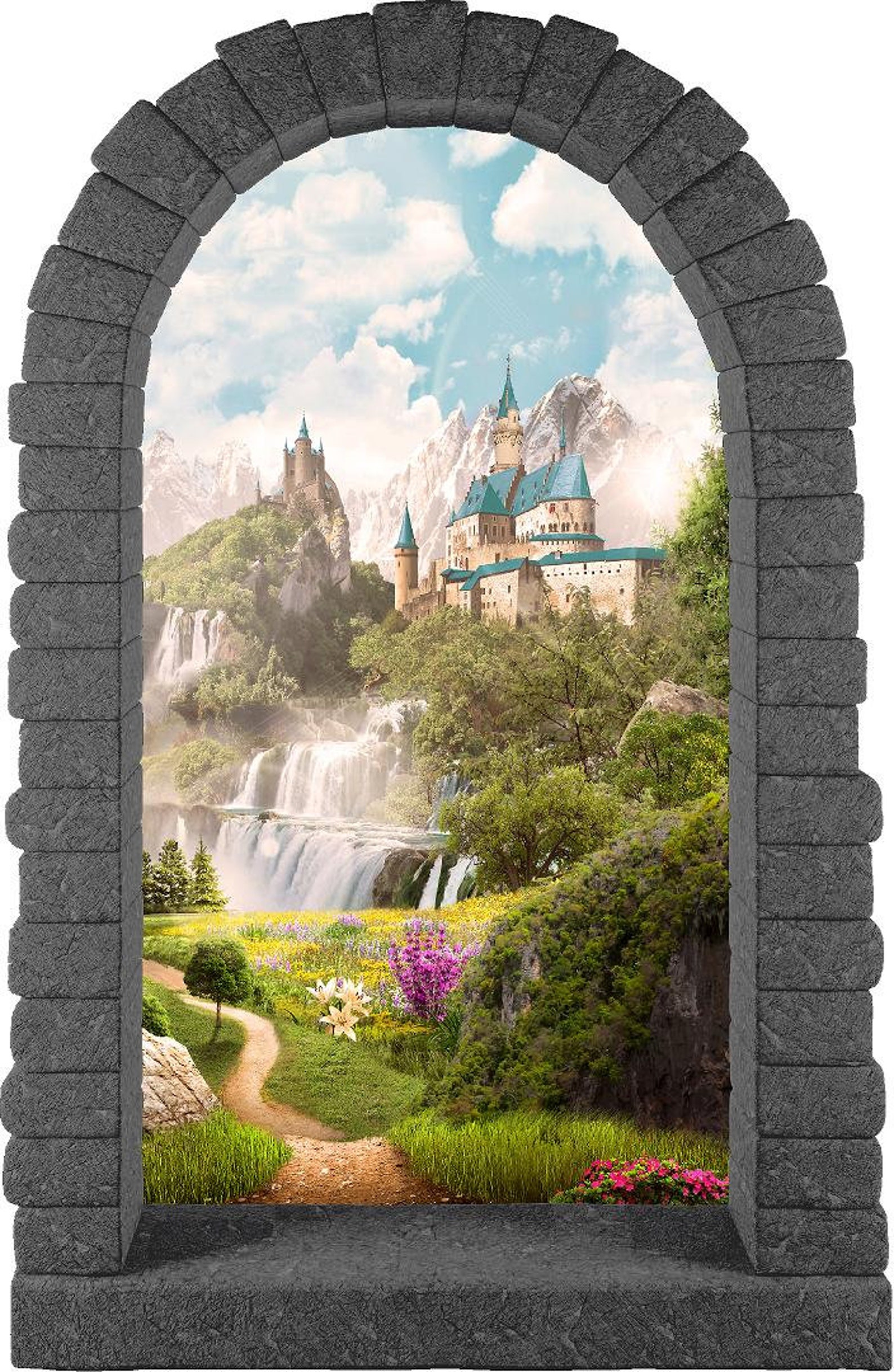 Rounded Stone Castle Window Wall Decal Fairytale Castle Waterfall ...