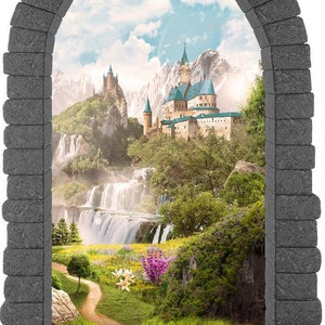 Rounded Stone Castle Window Wall Decal Fairytale Castle Waterfall ...