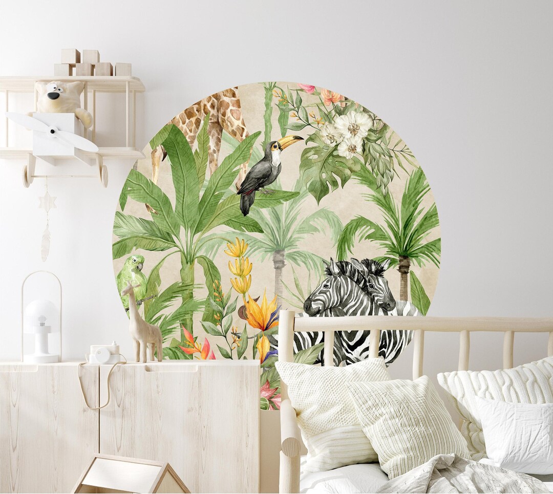 Round Jungle Safari Animal Scene - Fabric Wall Decal - Zebra Toucan ...