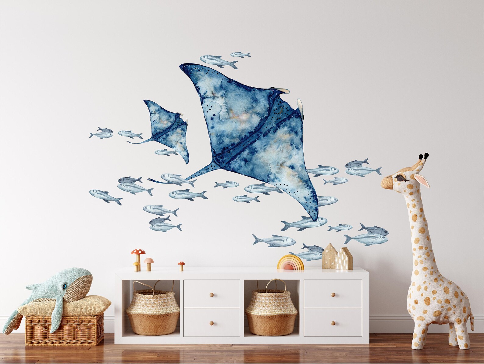 Manta Ray & Fish Wall Decal Set, Mother Manta Ray With Baby Ray Fishes ...