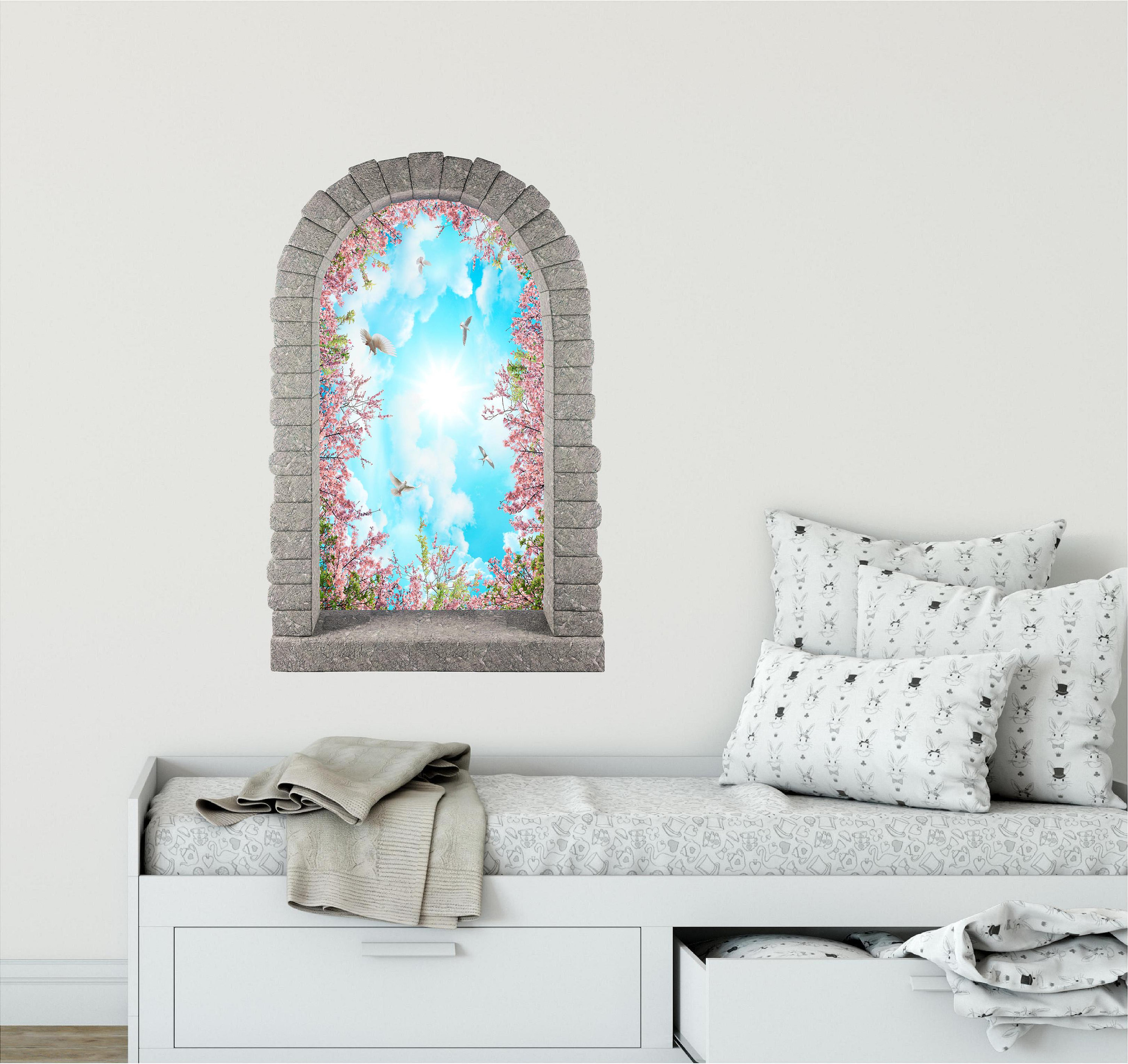 Rounded Stone Castle Window Wall Decal Cherry Blossoms & Birds Sky View ...