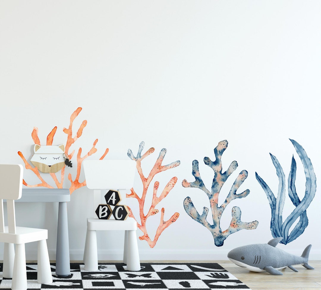 Navy Blue Orange Coral & Seaweed Wall Decal Set of 4 Ocean Sea Life ...