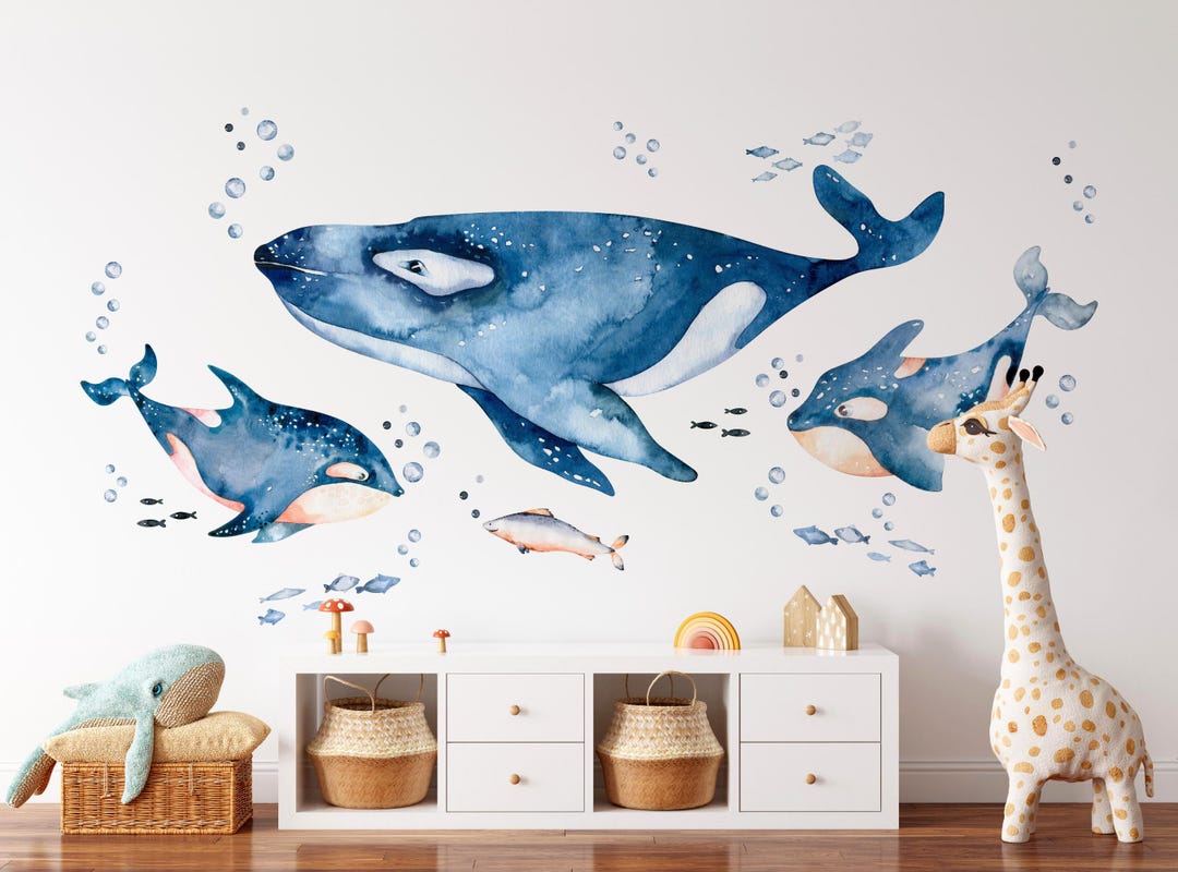 Ocean Whale Wall Decal Set Watercolor Whimsical, Humpback Whale, Baby ...