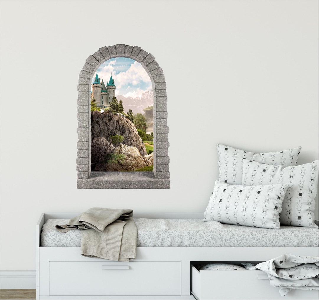 Rounded Stone Castle Window Wall Decal Fairytale Castle on Cliff ...