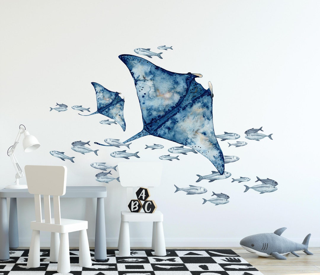 Manta Ray & Fish Wall Decal Set, Mother Manta Ray With Baby Ray Fishes ...