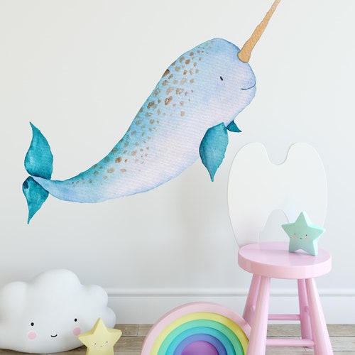 Watercolor Navy Blue Seashells & Starfish Wall Decal Set | Etsy