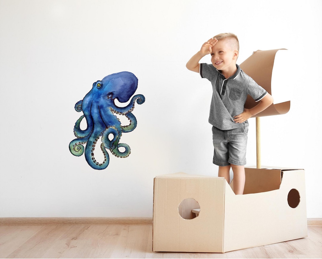 Watercolor Blue Octopus Wall Decal Ocean Sea Life Removable Fabric Wall ...
