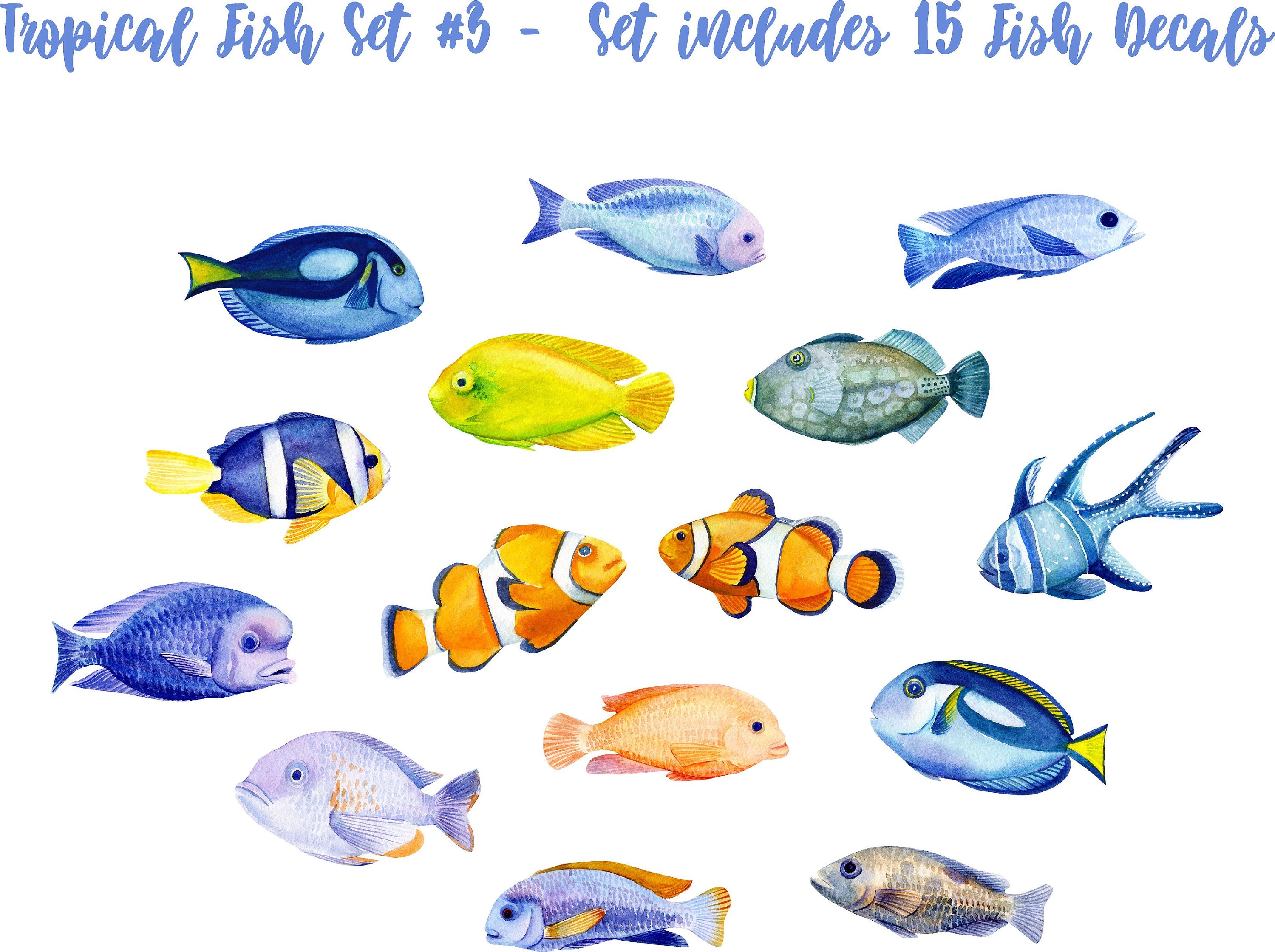 Watercolor Tropical Fish Wall Decal Set #3 Ocean Sea Life Removable ...
