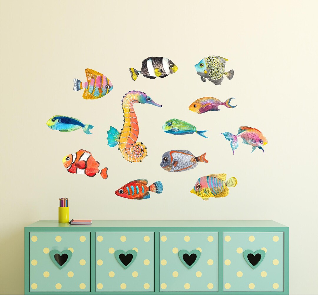 Watercolor Tropical Fish Wall Decal Set 12 Piece Fabric Wall Sticker ...