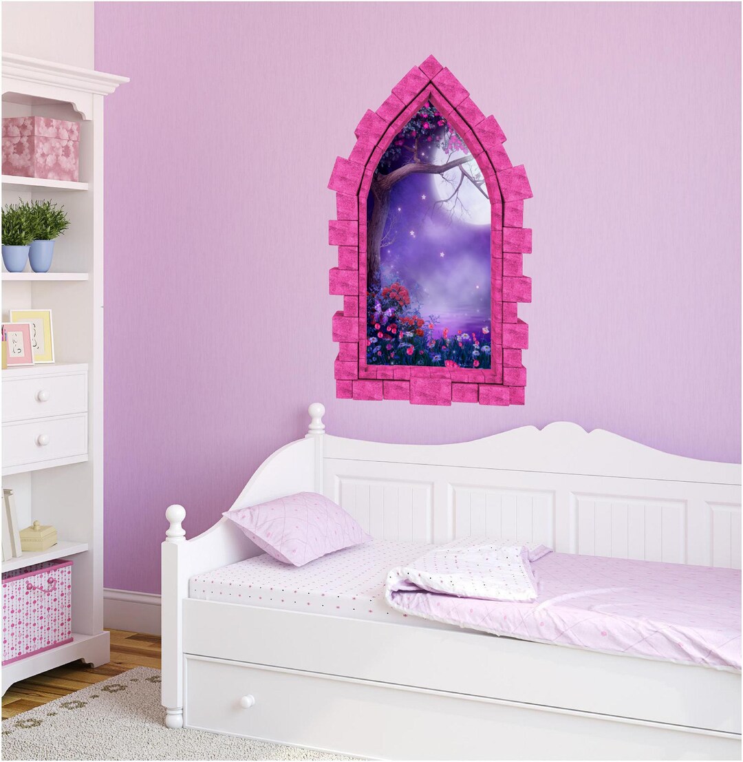 Foggy Purple Moonlight Castle Window 3D Wall Sticker Night Sky Moon ...