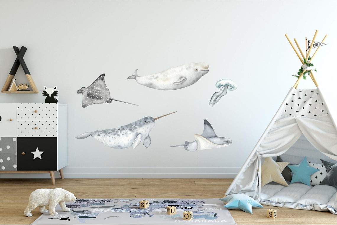Gray Marine Life Set 3 Wall Decal Ocean Sea Life Removable - Etsy