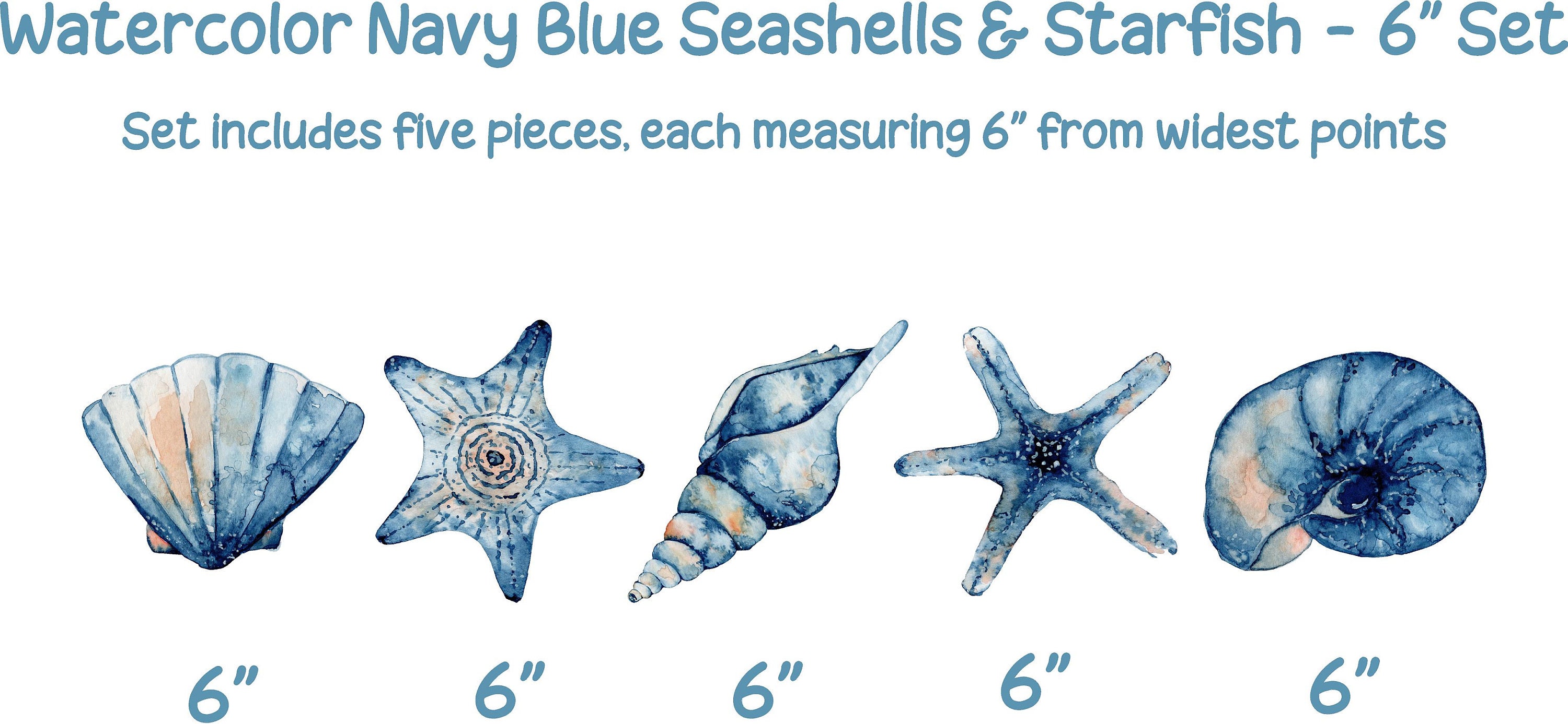 Watercolor Navy Blue Seashells & Starfish Wall Decal Set | Etsy