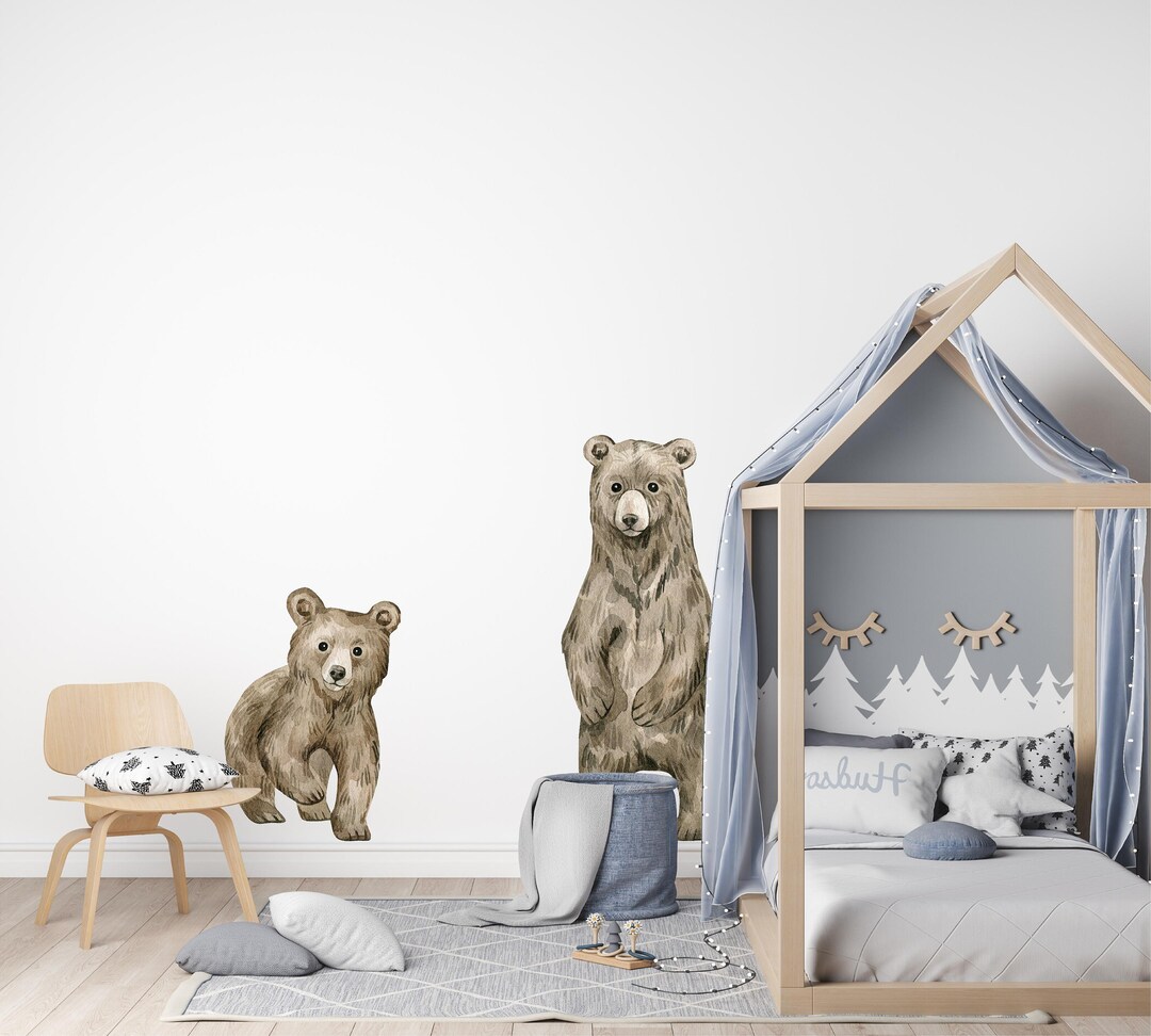 Brown Baby Bear Cubs Wall Decal Set of 2 Watercolor Woodland Forest ...