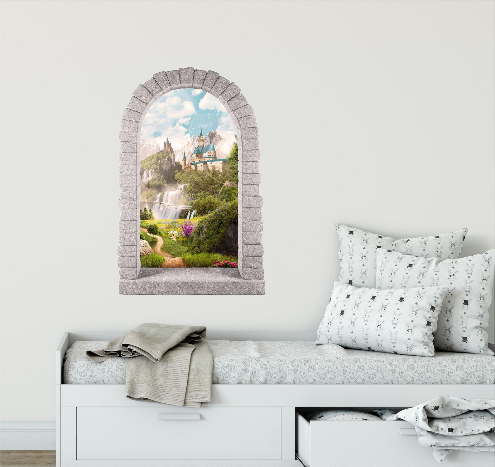 Rounded Stone Castle Window Wall Decal Fairytale Castle Waterfall ...