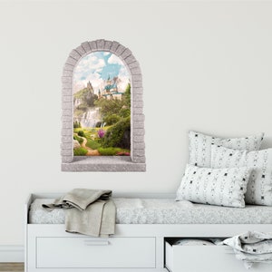 Rounded Stone Castle Window Wall Decal Fairytale Castle Waterfall ...