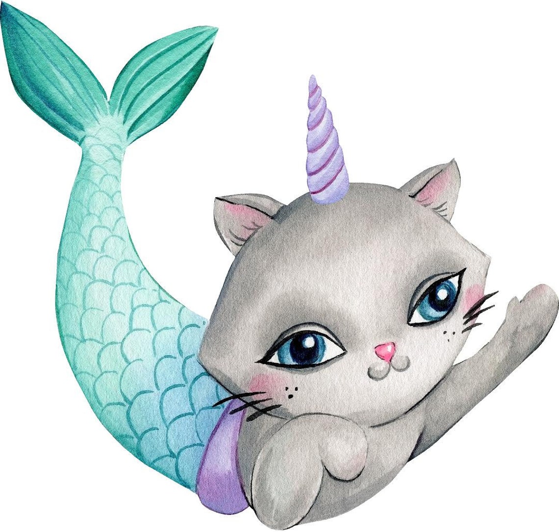 Purrmaid Cat Mermaid Unicorn #3 Wall Decal Watercolor Removable Fabric ...