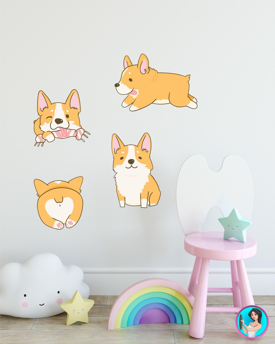 Cute Corgi Wall Decal Set Removable Fabric Wall Sticker for Childrens ...