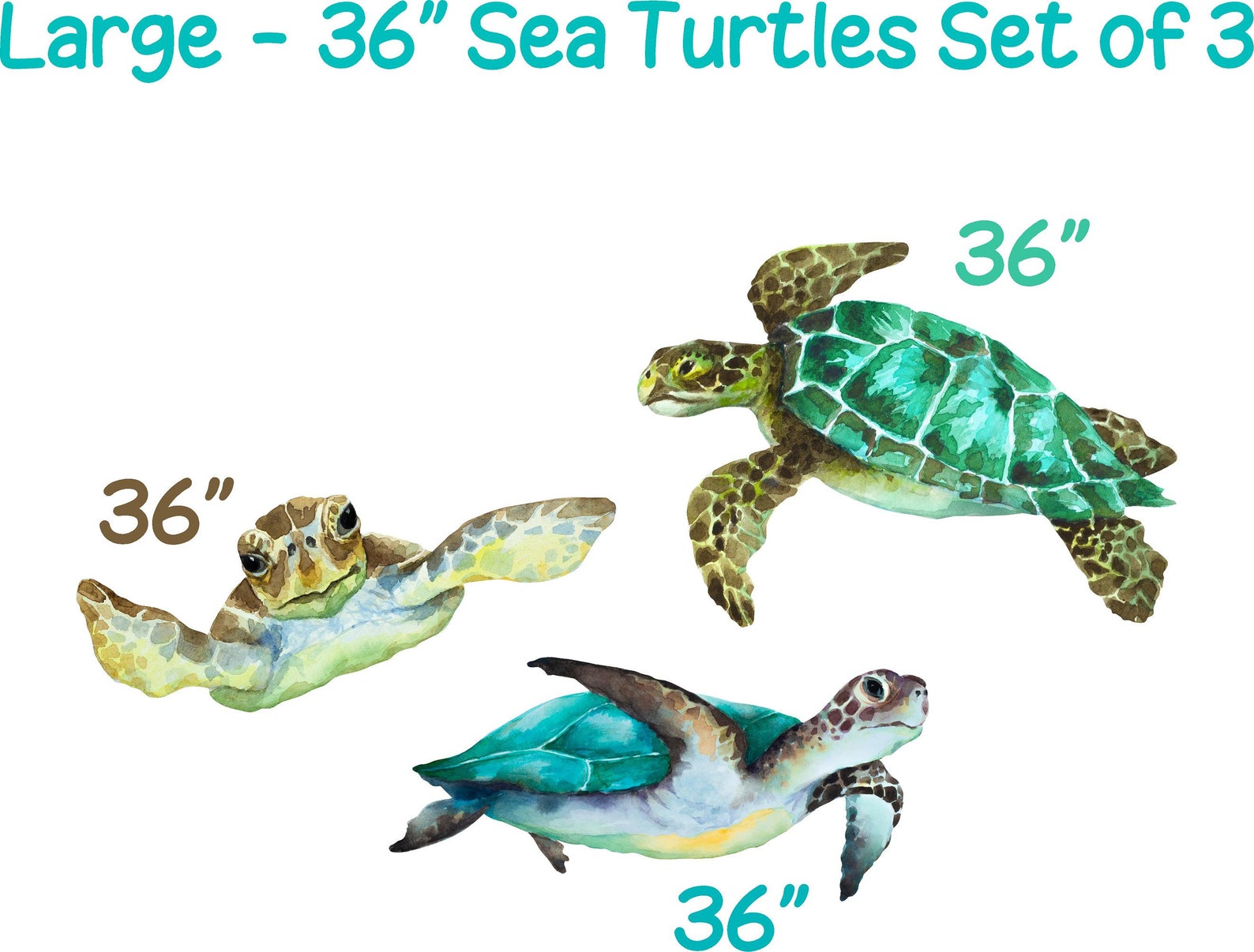 Watercolor Green Sea Turtles Wall Decal Set of 3 Ocean Sea Life ...